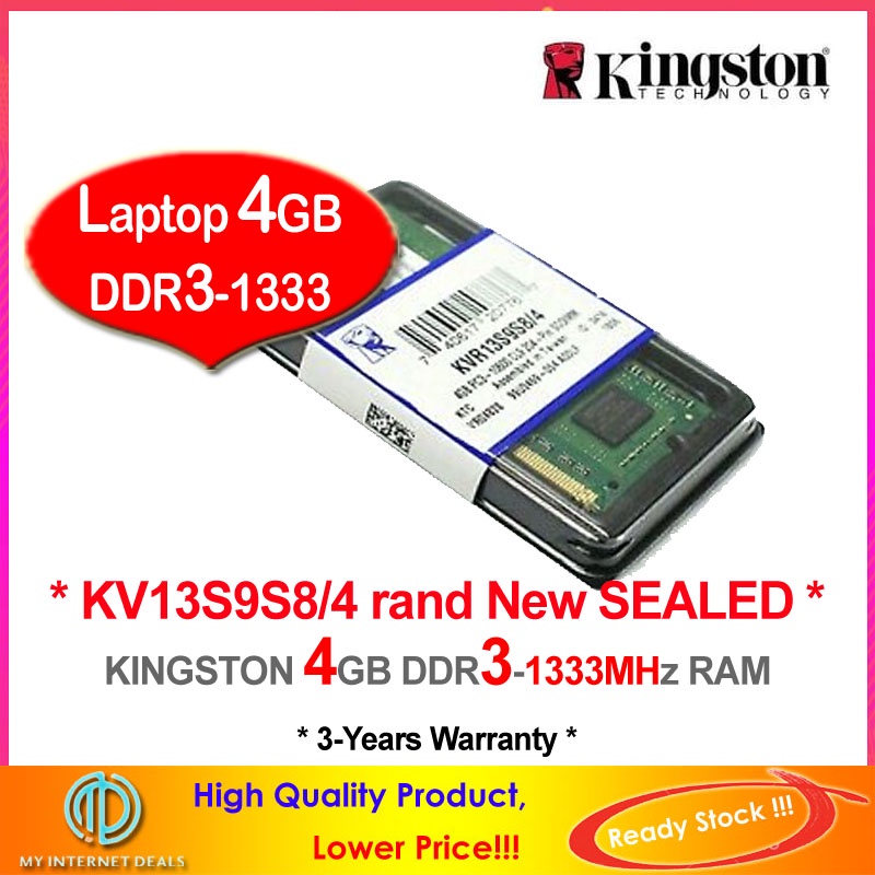 KINGSTON 4GB DDR3-1333 LAPTOP NOTEBOOK RAM Memory - KVR13S9S8/4G ...