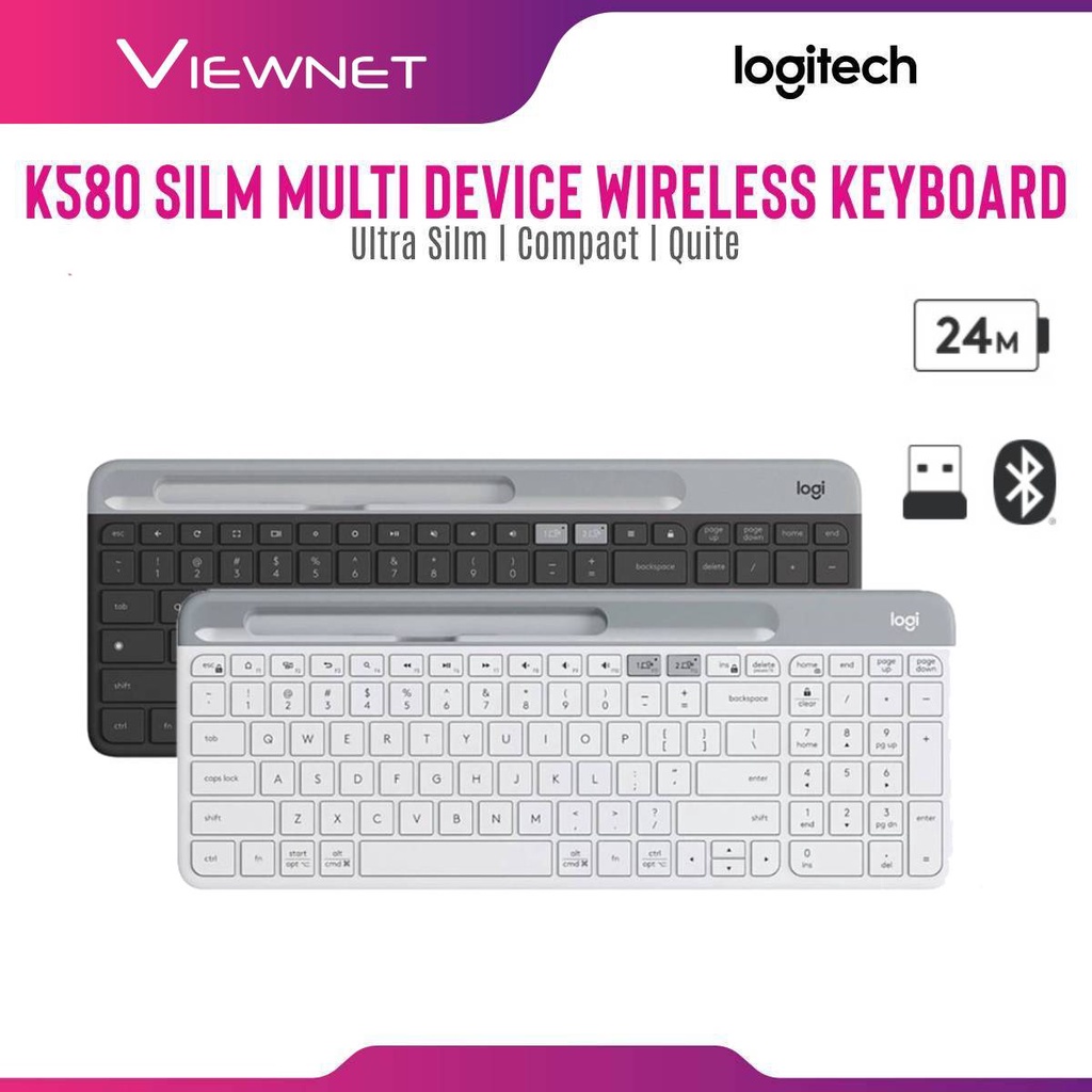 LOGITECH K580 BLUETOOTH SLIM MULTI DEVICE WIRELESS KEYBOARD UNIFYING RECEIVER FOR - (DESKTOP ...