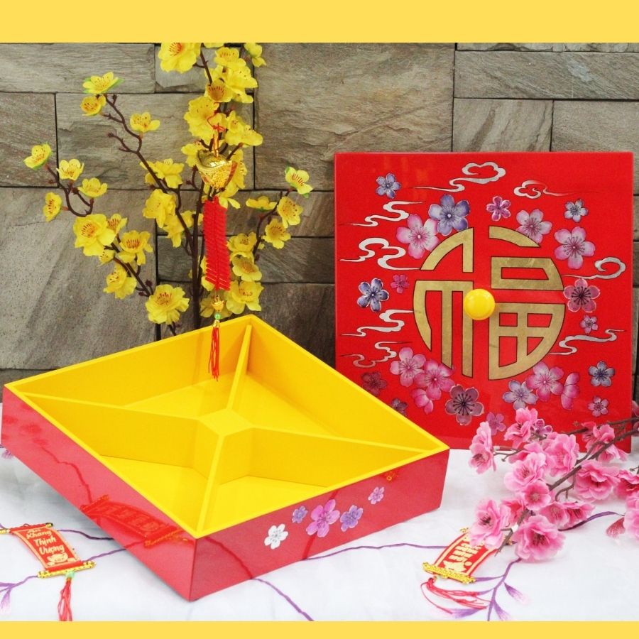 Tet Jam Tray Square Jam Box Peach Blossom With Phuc Red Background Carefully T Box Cny