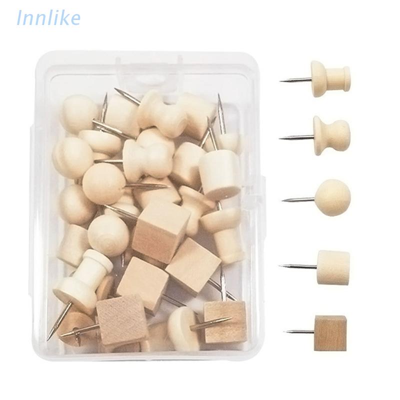 INN 30pcs Wooden Pushpin Set Ideal for Home Office School Cork Board ...