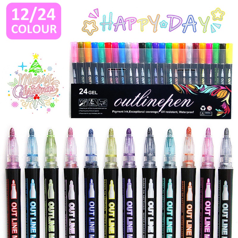 12/24 Colors Double Line Outline Art Pen Marker Pen DIY Graffiti ...
