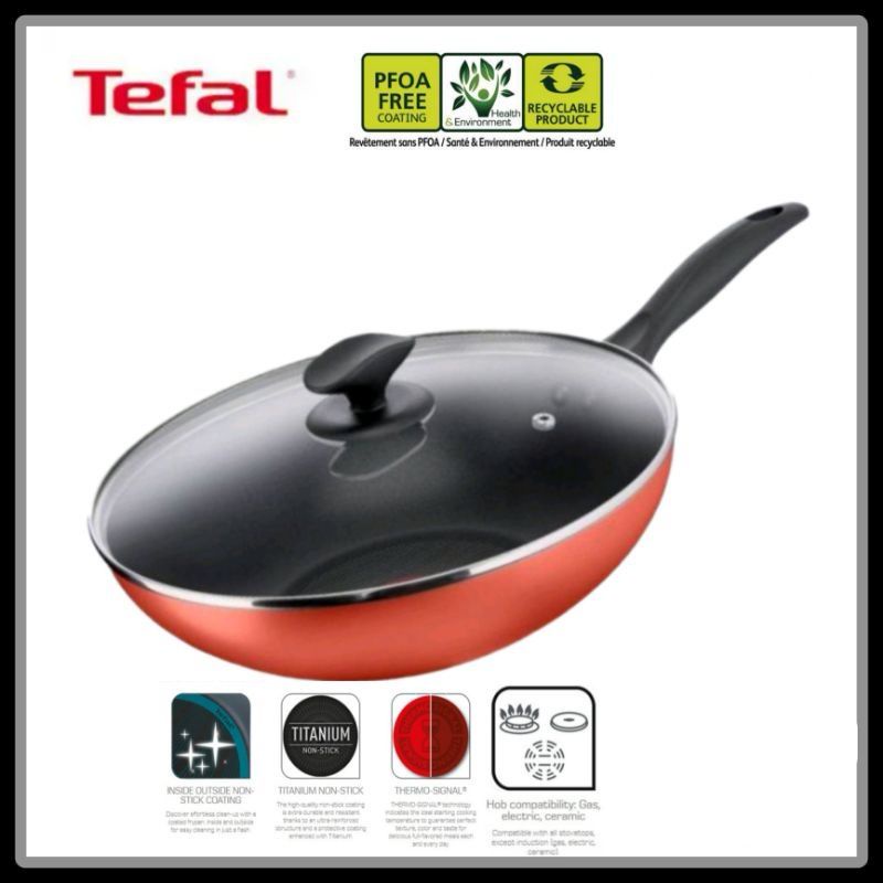 TEFAL 28CM WOKPAN TITANIUM NON-STICK (ROSY) WITH GLASS LID - NOT INDUCTION | Shopee Malaysia