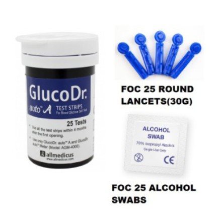 GLUCO DR.AUTO A GLUCOSE 25 TEST STRIPS FOC 25 LANCET+25AlcoholSWABs ...