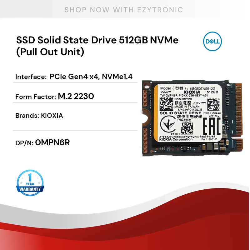 DELL 512GB NVMe M.2 2230 SSD Solid State Drive KIOXIA P/N: MPN6R w ...