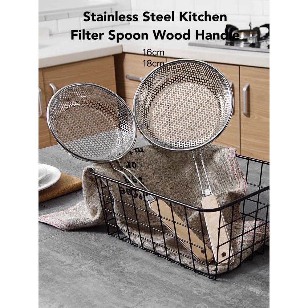 Stainless Steel Kitchen Filter Spoon Strainer Scoop w/ Wood Handle ...
