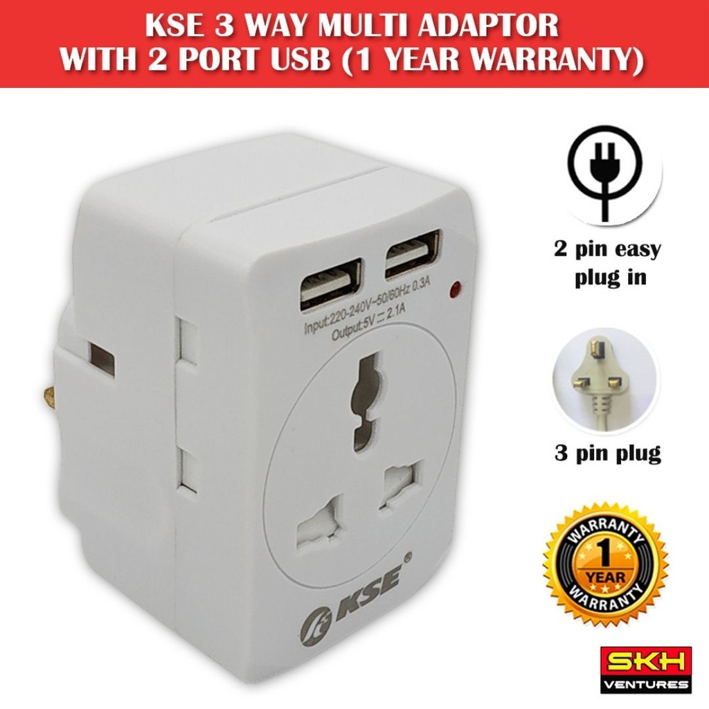 KSE 3 Way Multi Universal Plug Adapter Socket With 2 USB Port ...