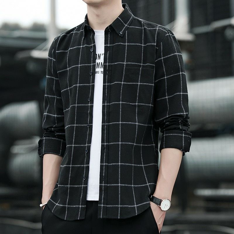KEMEJA HITAM PUTIH Men's flannel Shirt Basic Black And White | Shopee ...