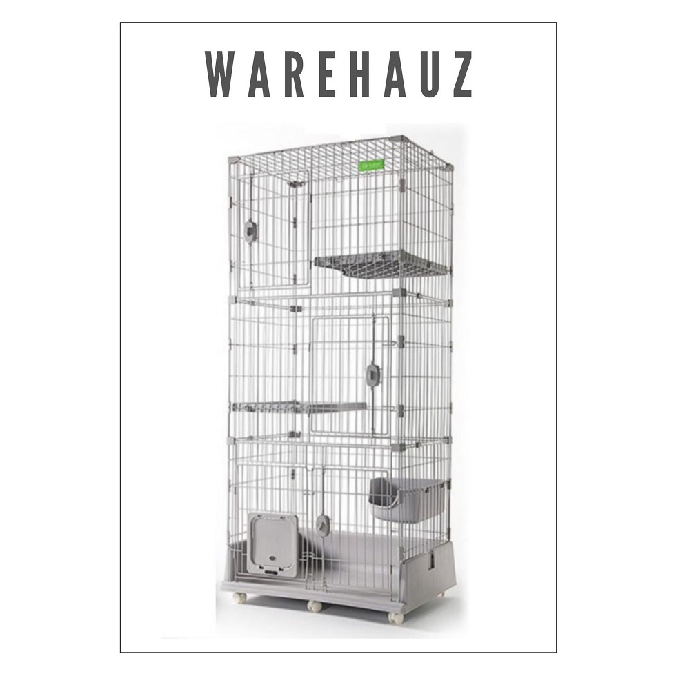 Premium Three Tier Cat Cage With 4 Doors Size L - Grey (86cm x 61cm x ...