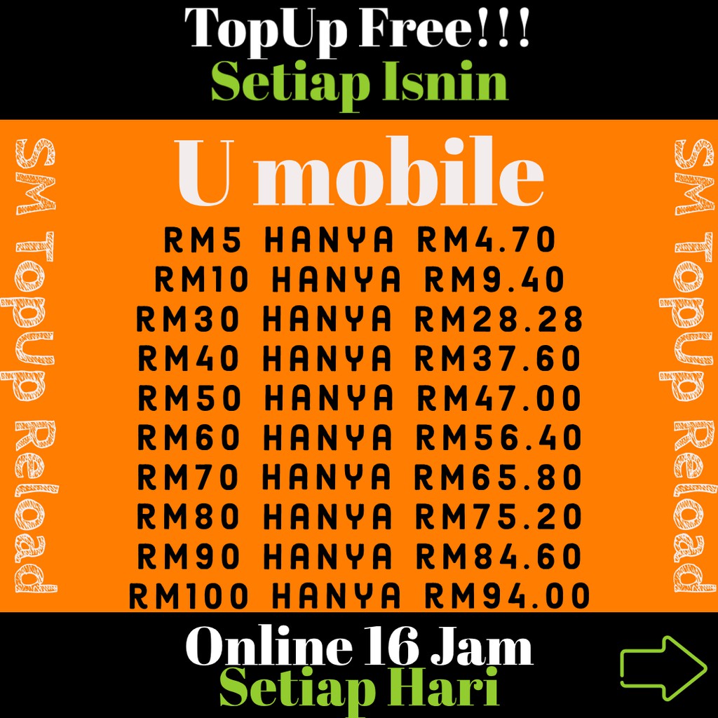 [6% diskaun] postpaid bill / topup reload prepaid umobile rm1 rm3 rm5 rm10 rm30 rm40 rm50 rm60 ...