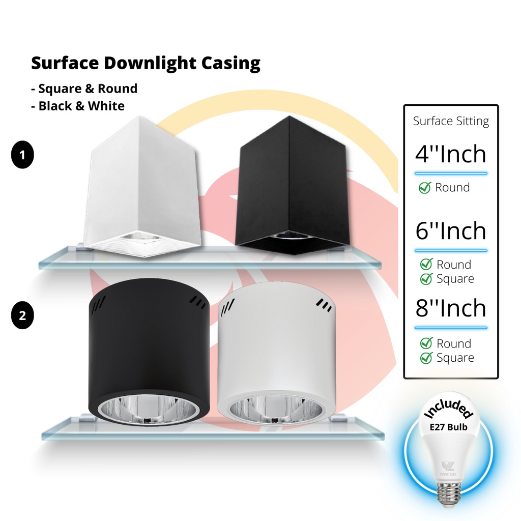 Surface Downlight Casing E27 Round & Square Black White Downlight ...