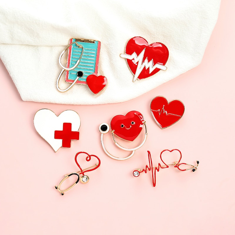Medical Brooches Nurse Pins Stethoscope Heart Electrocardiogram Enamel ...