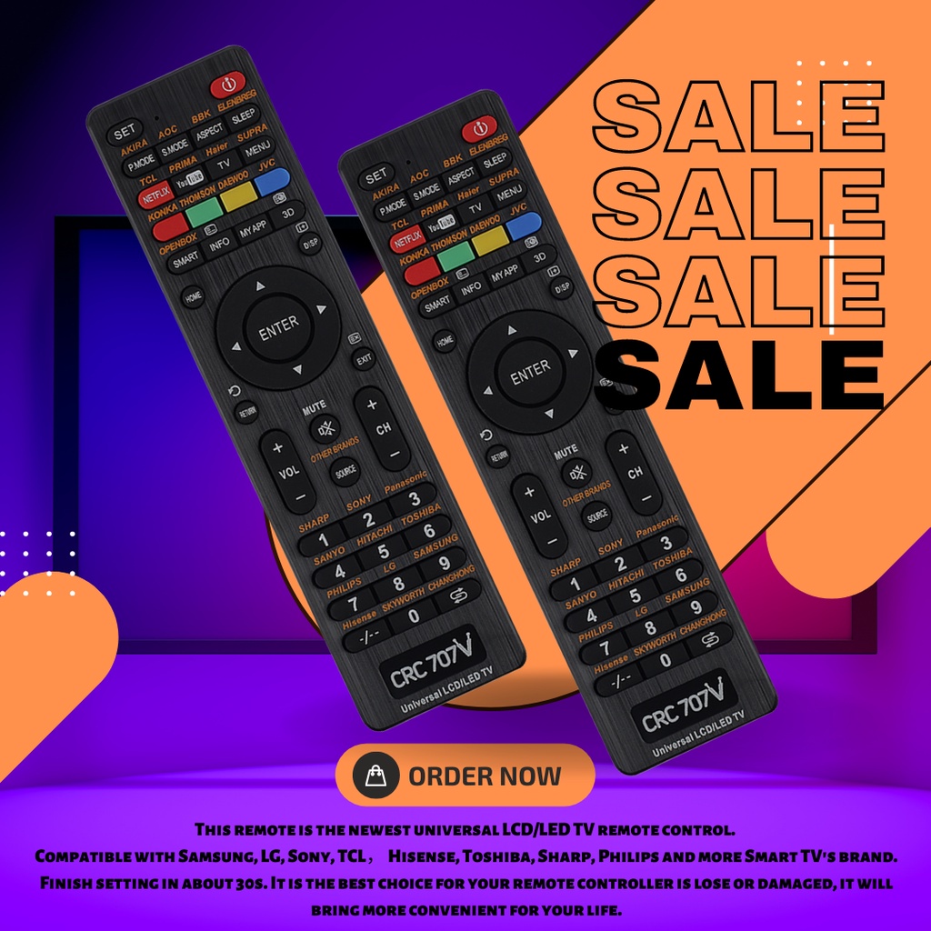 Universal Multi brand Remote Control LCD LED SMART TV CRC 707V netflix ...