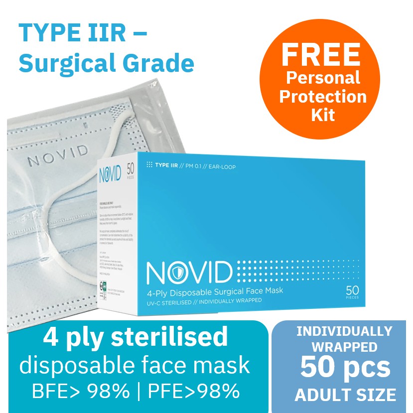 (Individually Wrapped) Novid 4 Ply Disposable Surgical Face Mask, Adult ...
