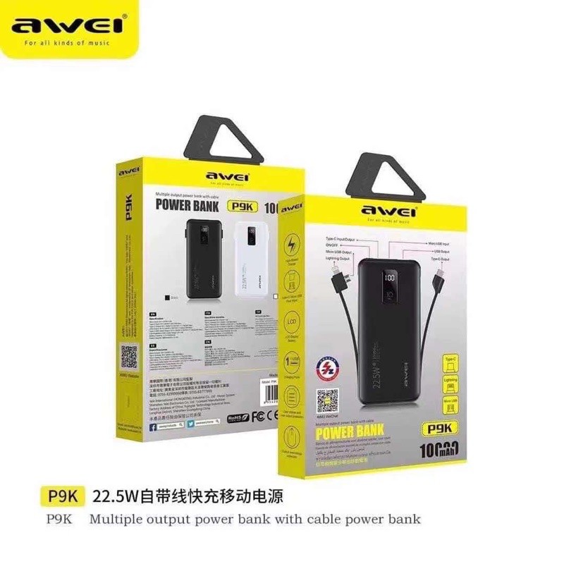 AWEI 10000MAH MULTIPLE OUTPUT POWERBANK WITH CABLE - P9K | Shopee Malaysia