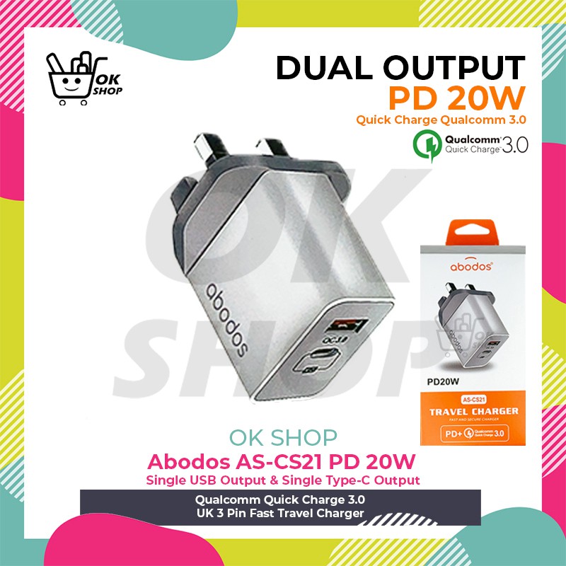 Abodos AS-CS21 PD 20W Single USB Output & Single Type-C Output ...