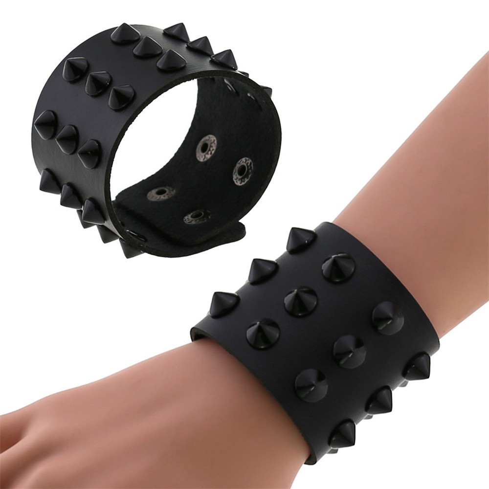 Vegan Leather Spike Bracelet Punk Wide Snap Button Wrap Bracelets ...