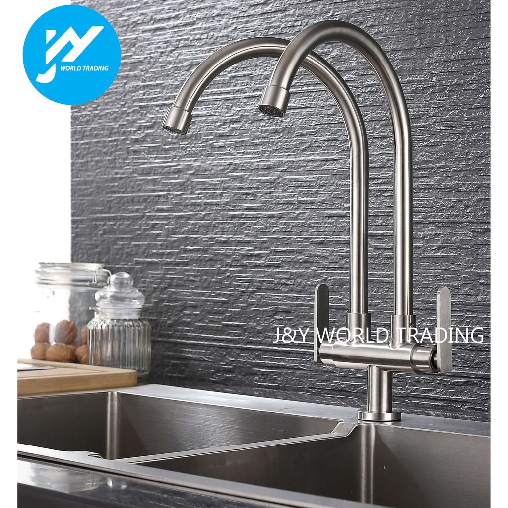 Kitchen 304 Stainless Steel Double Faucet Basin Tap Elegant Premium ...