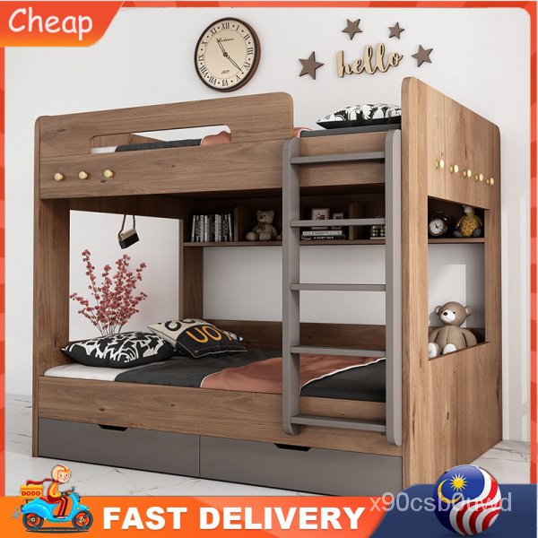 Kids Solid Wood Double Decker Bunk Bed Frame Drawers Katil Budak Kayu 2 ...