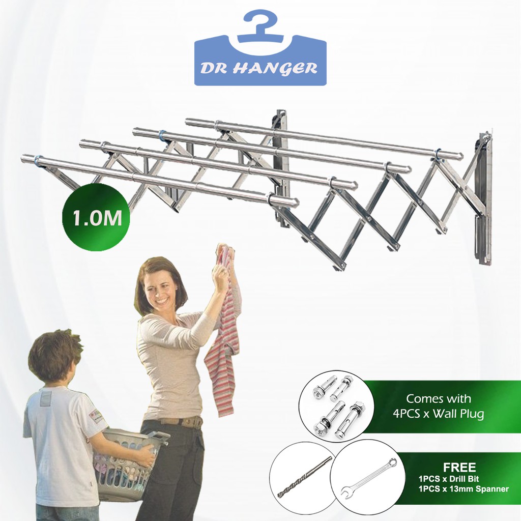 1M X 4 BAR 25MM WALL MOUNTED STAINLESS STEEL RETRACTABLE CLOTH HANGER ...