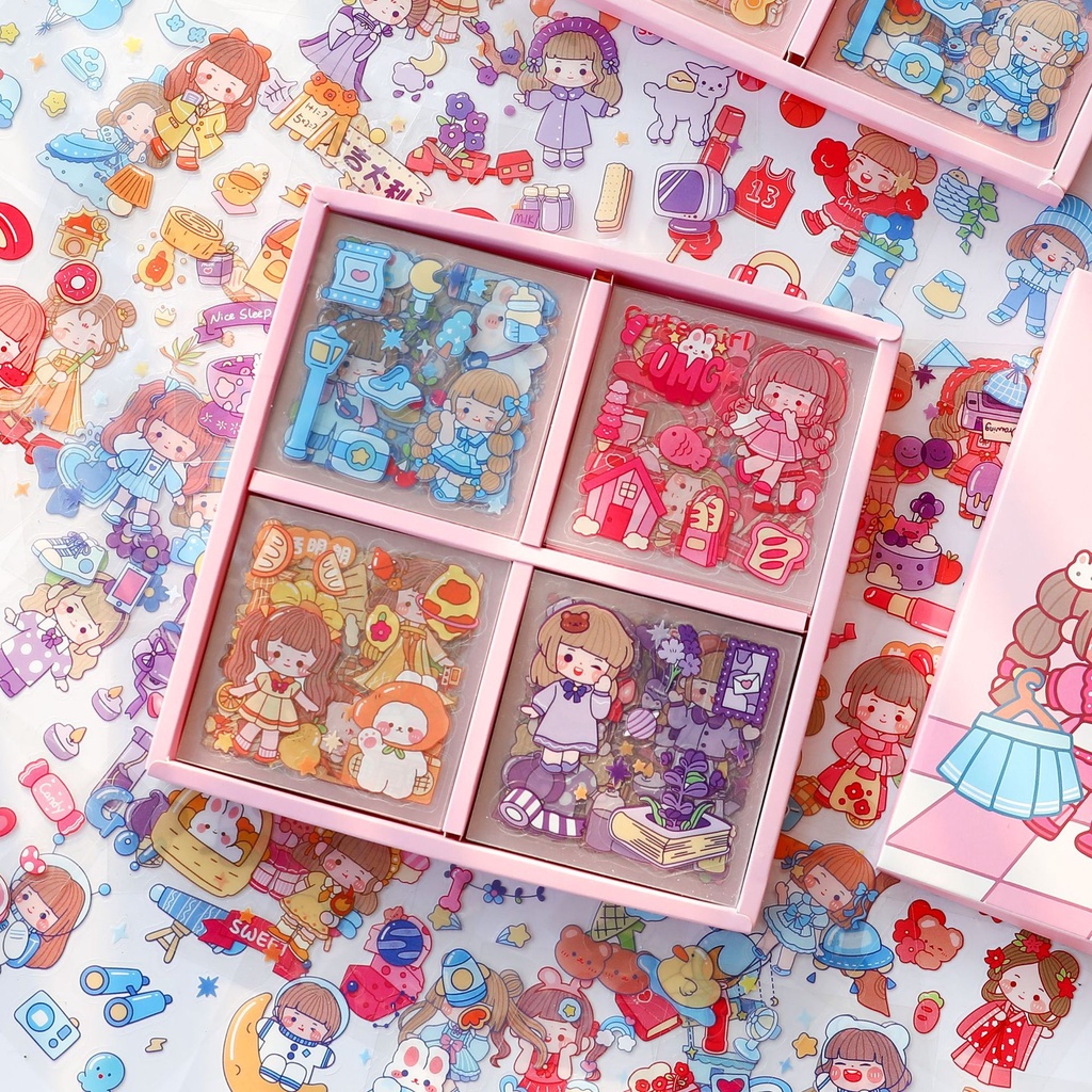 Ready Stock 100pcs Sticker Gift Box Set Cute Cartoon Transparent ...