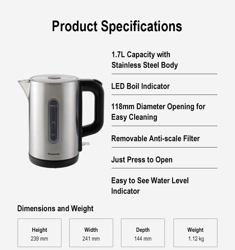 PANASONIC NC-K301 ELECTRIC JUG KETTLE 1.7L STYLISH STAINLESS STEEL ...
