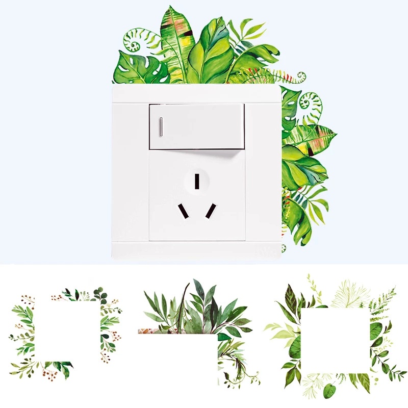 Ins Style Creative Self-adhesive Green Leaf Wall Socket Stickers ...