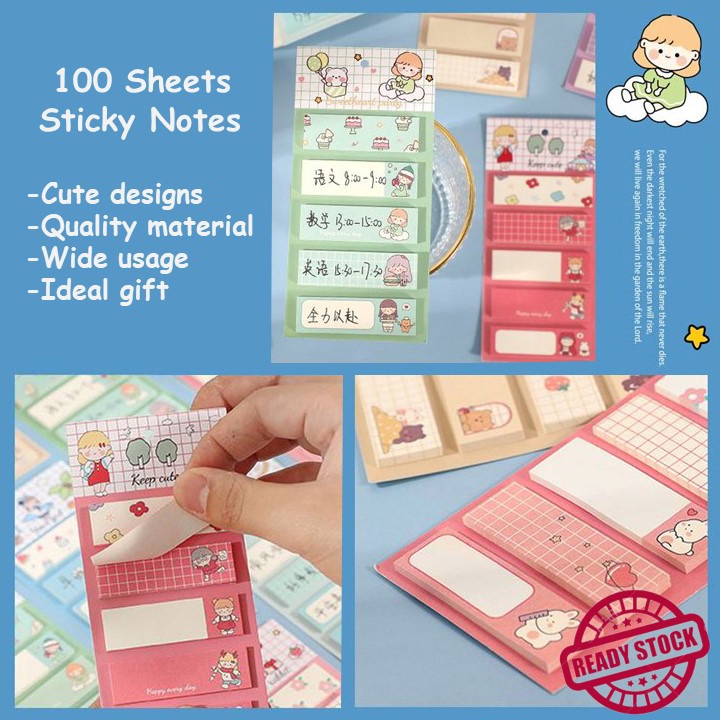 100 pcs Cute Sticky Notes Set Notepad Memo Pad Bookmark Index Sticker ...