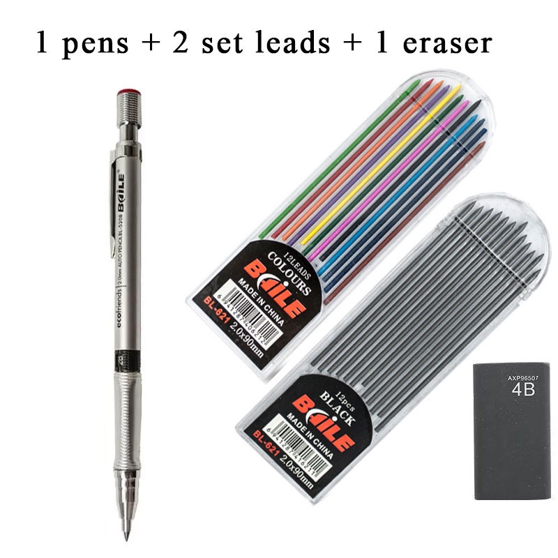 2.0 mm Mechanical Pencils Set 2B Gray/Color Refills Automatic Student ...