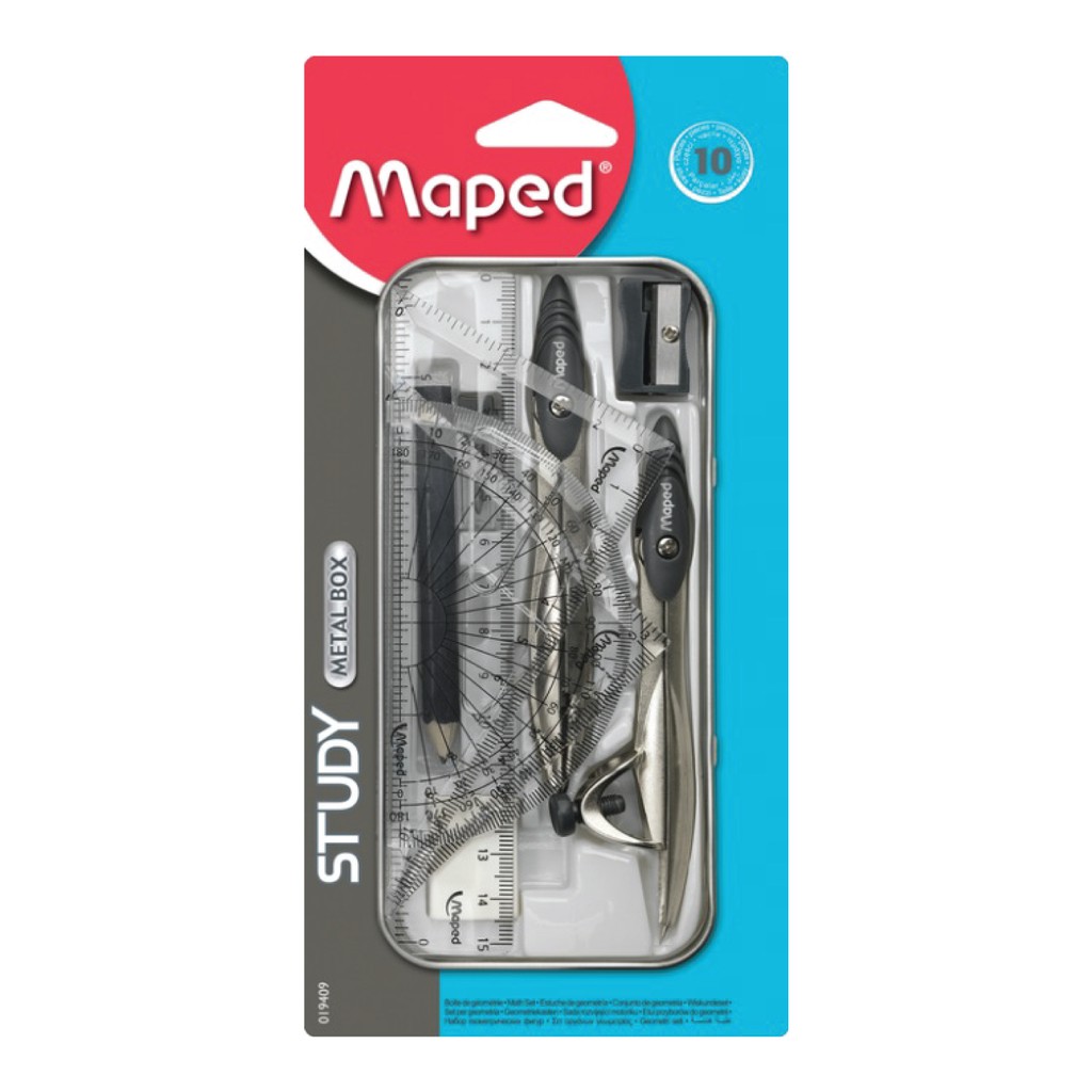 Maped Full 10 Piece Geometry Metal Compass Set with Metal Box, Ruler in ...