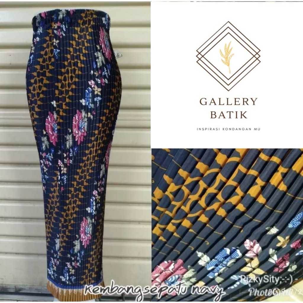 (batik Gallery) batik plisket skirt with floral motifs, navy shoes ...