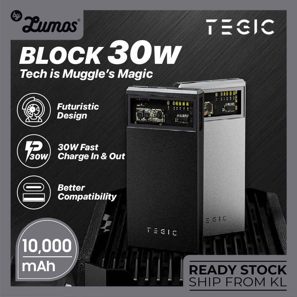 TEGIC BLOCK 30W Fast Charge in and out 10000 mAh TYPE-C and USB-A Futuristic Design Power Bank ...