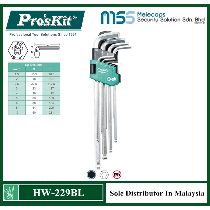 Pro'skit HW-229BL 9pcs Extra Long Arm Ball Point Hex Key Set | Shopee Malaysia