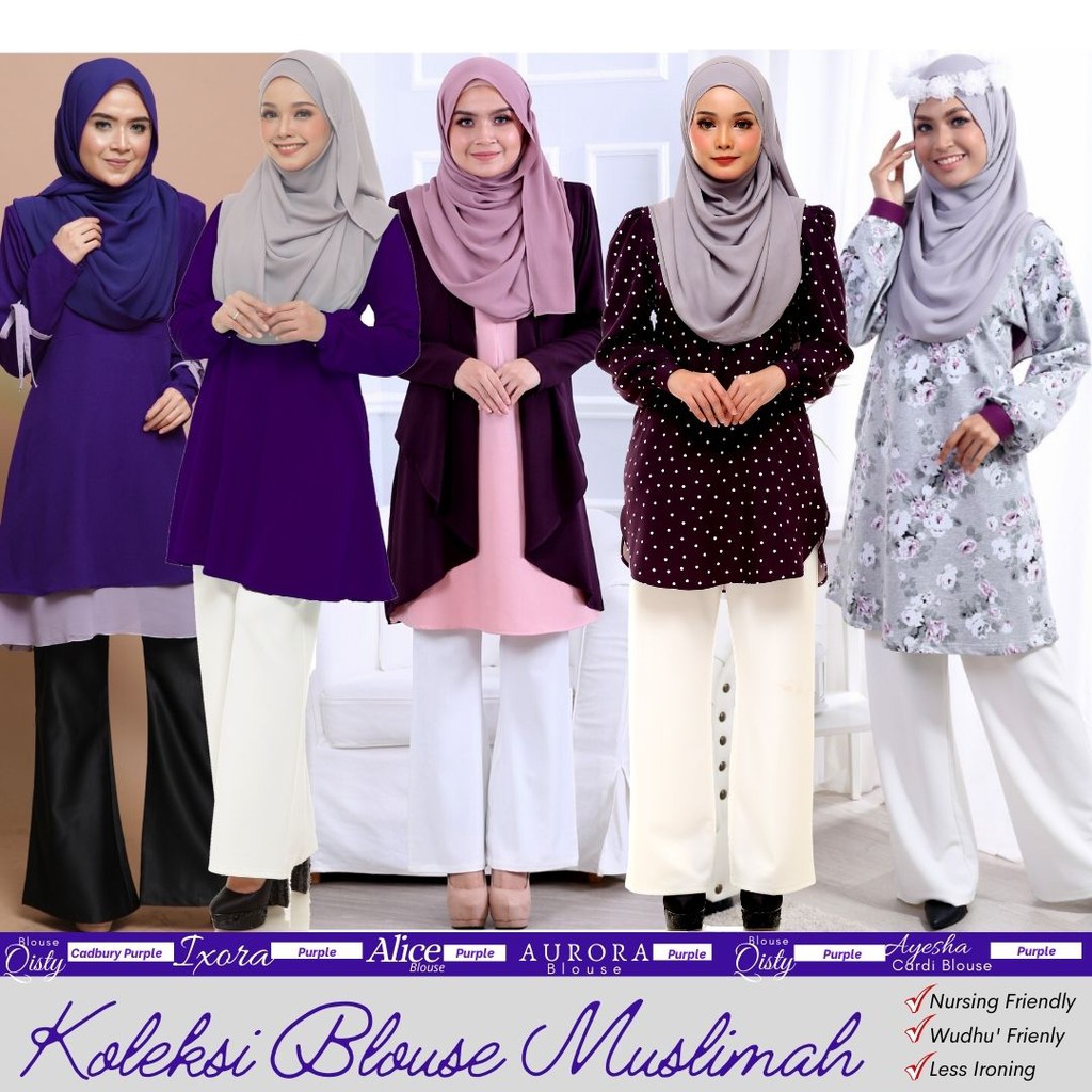 Blouse Tunik Purple Unggu Plain Printed Long Sleeve Nursing Wuduk ...