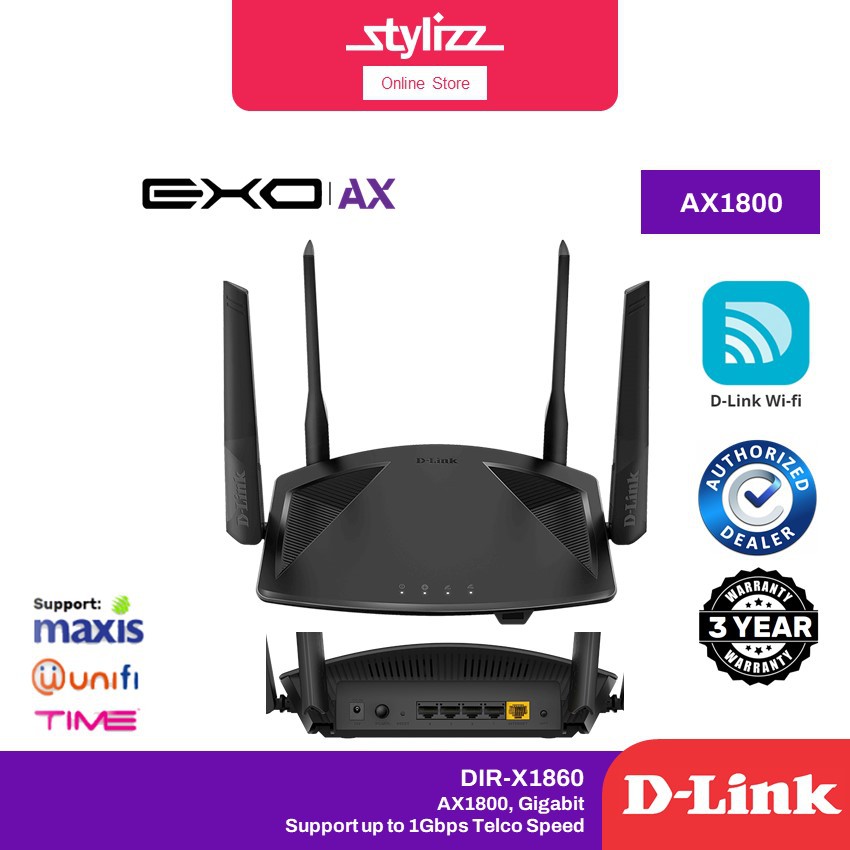 D-LINK EXO AX DIR-X1860 AX1800 GIGABIT WIRELESS SMART MESH WIFI 6 ...