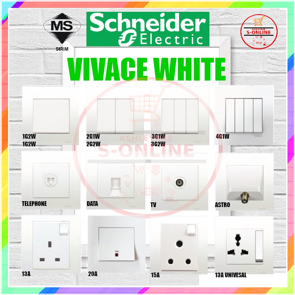 Schneider vivace white 13a switch socket 3 Pin 1G/2G/3G/4G/20A 1WAY ...