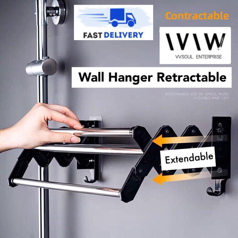 READY STOCK /ABS + STAINLESS STEEL CLOTH HANGER WALL TYPE /RETRACABLE ...
