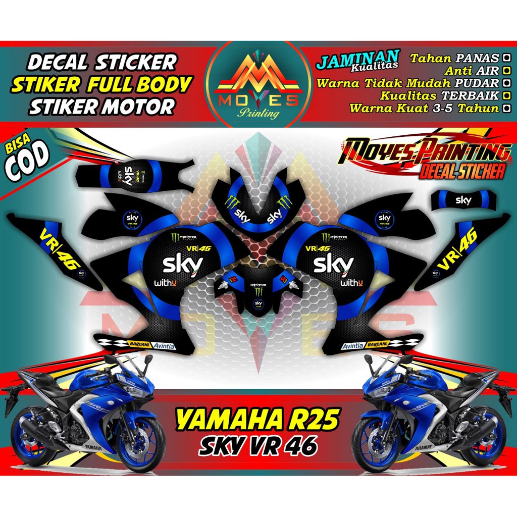 Decal Sticker Motorcycle R25 Motif SKY VR 46 Sticker Fullbody Yamaha ...