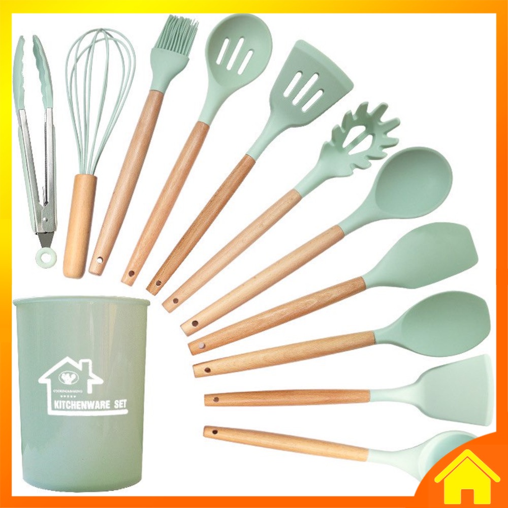 [OneHome] Kitchen Set 12PCS Silicone Utensil with Wood Handle & Holder ...