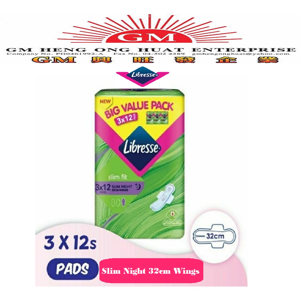 Libresse Slim Night 32cm Wings : 12 Pads / Slim Night 32cm Wings 32cm x ...