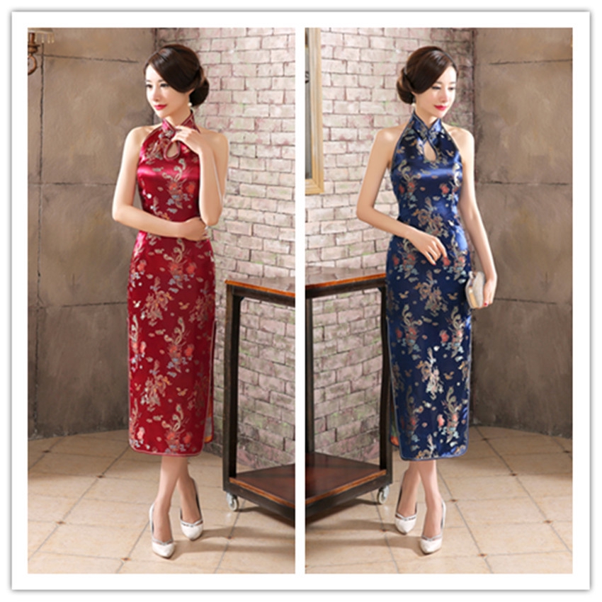 Backless Cheongsam long brocade satin cheongsam split cheongsam show T ...