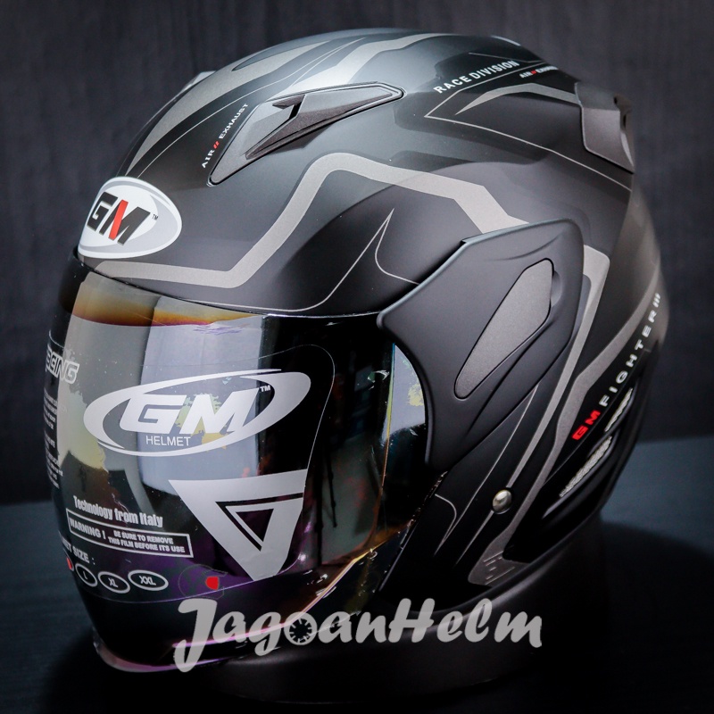 Gm Helmet FIGHTER GV2 | Black SILVER DOFF | Half FACE | Shopee Malaysia