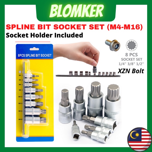 8PCS/Set XZN 1/4" 3/8" 1/2" 12 Point MM Triple Square Spline Bit Socket Adapter Set M4-M16 Hand ...