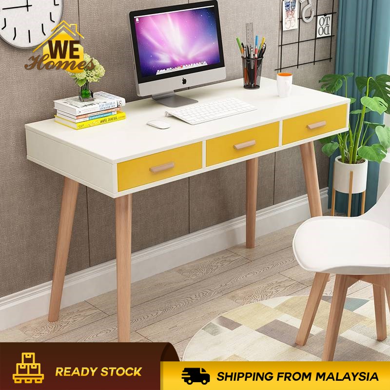 WeHomes Wooden Desk with 3-Drawers - 120cm (White / Yellow) Study Desk ...