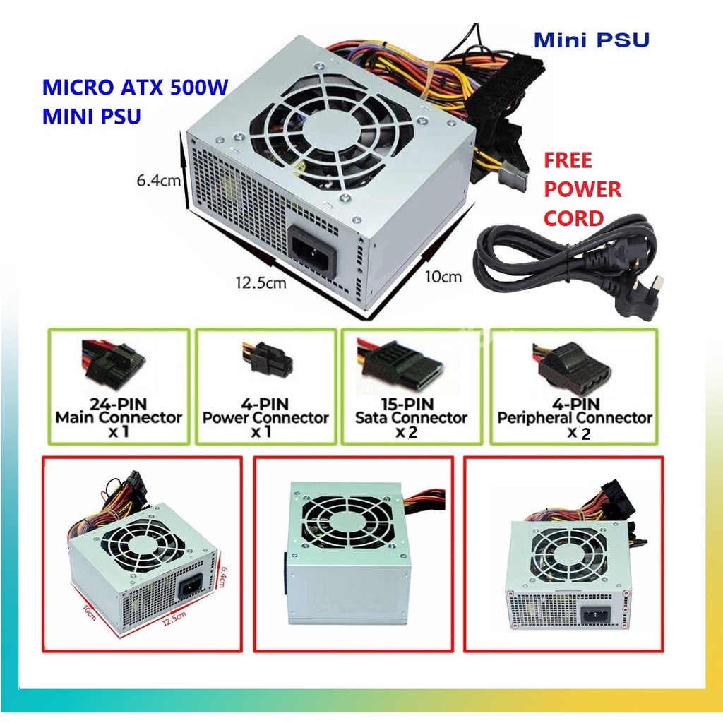 MICRO ATX POWER SUPPLY UNIT PSU 500W Mini Micro ATX small Form Size ...