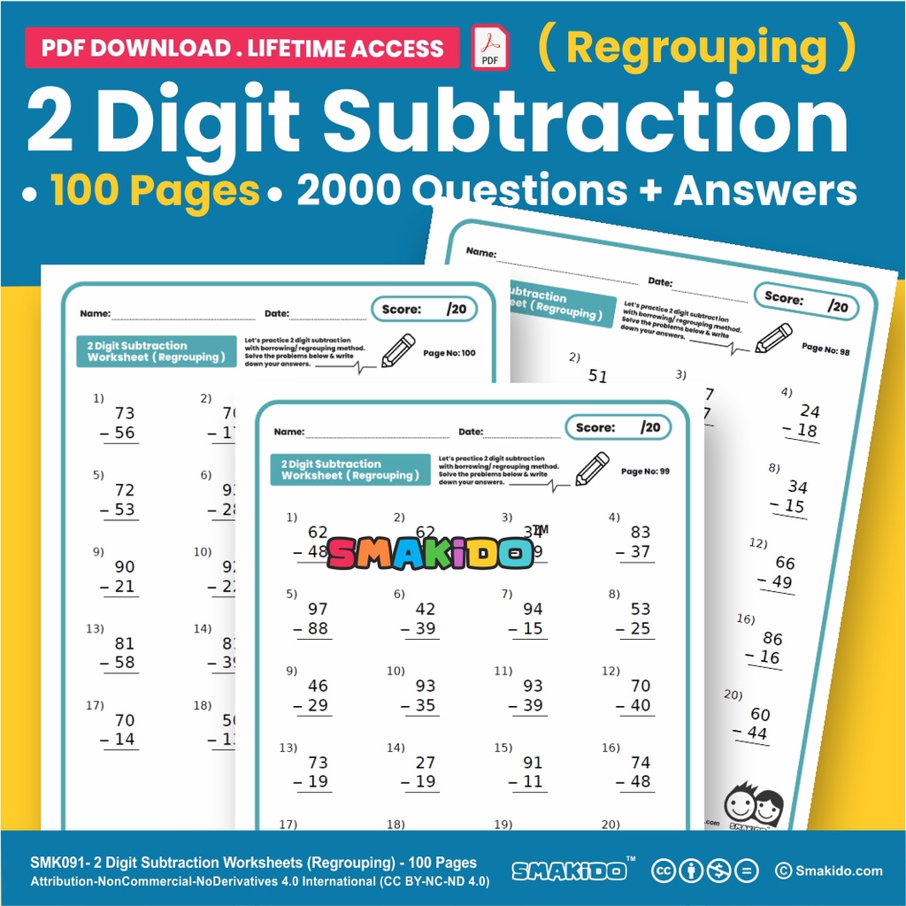 Regrouping/ Borrowing 2 Digit Subtraction Worksheets-Positive Answer ...