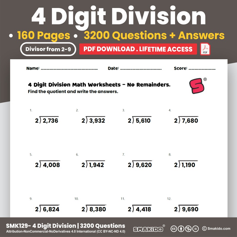[ Soft Copy/ PDF ] 4 Digit Division Math Worksheets ️3200 Questions ...