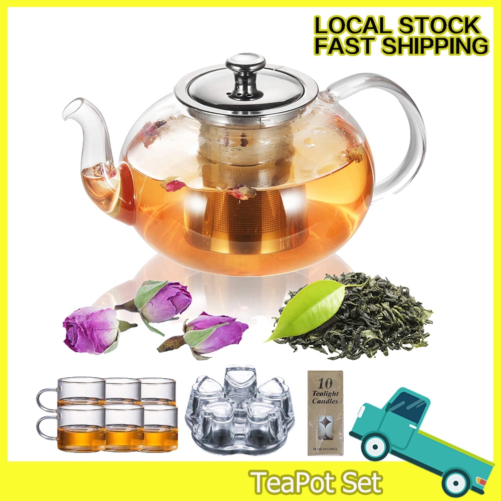 🇲🇾Flower tea pot set Glass Teapot heat preservation Tea Maker+Free 6 ...