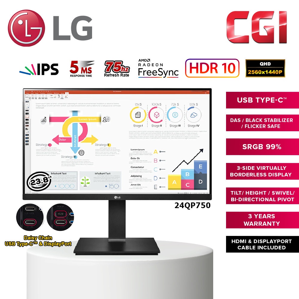LG 23.8'' 24QP750 5ms 75Hz QHD IPS Daisy Chain and USB Type-C Monitor ...