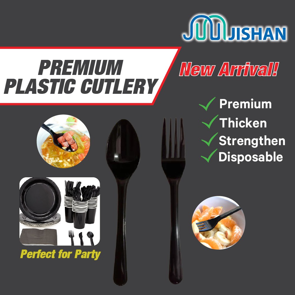 [50pcs] 7" Premium Black Clear Plastic Spoon & Fork / Disposable ...