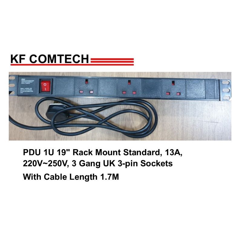 PDU 1U 19" Rack Mount Standard 13A 220V~250V 3 Gangs UK 3 Pin Socket ...